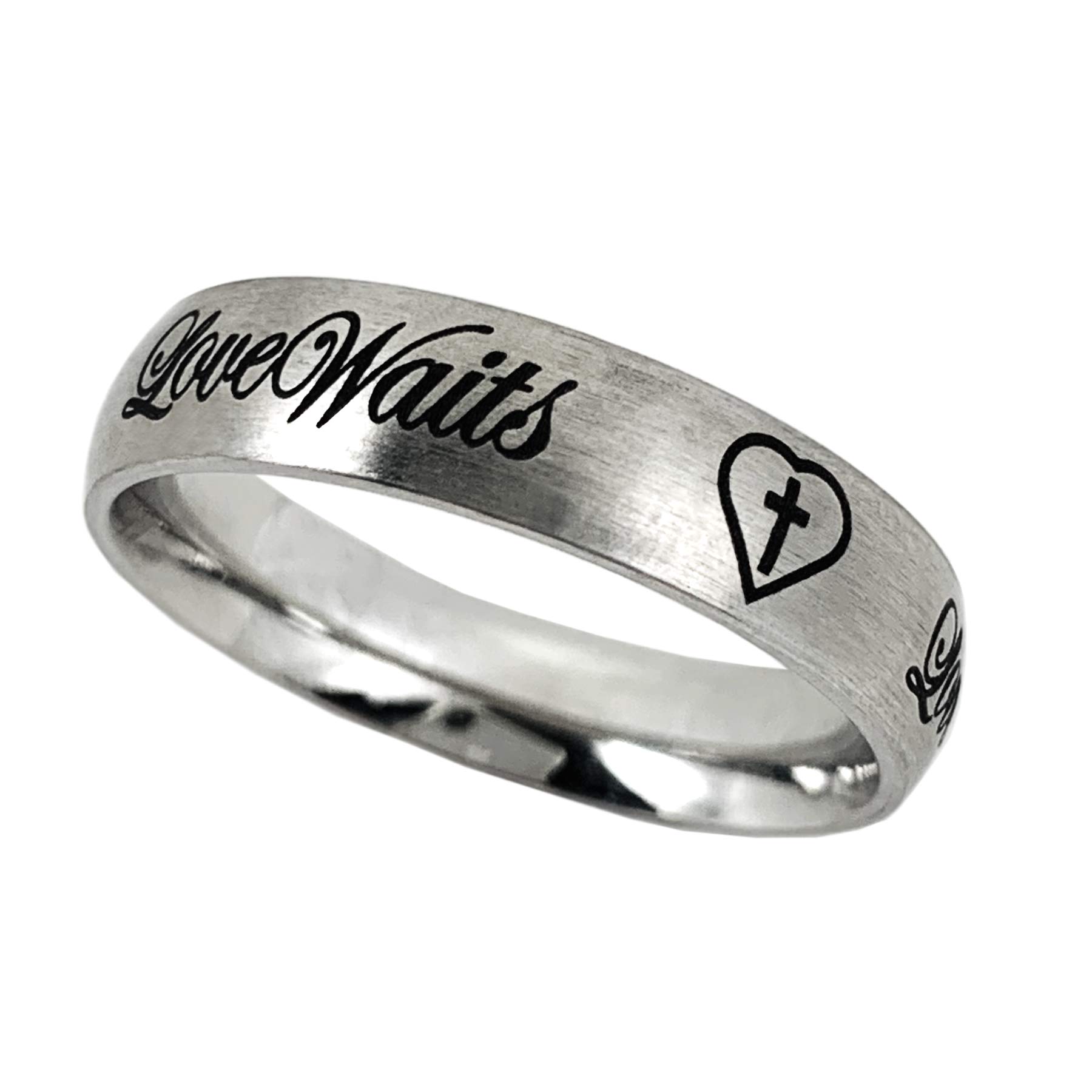 FORGIVEN JEWELRY RSLW Love Waits Cursive Purity Band Stainless Steel Ring size 6-Christian Jewelry