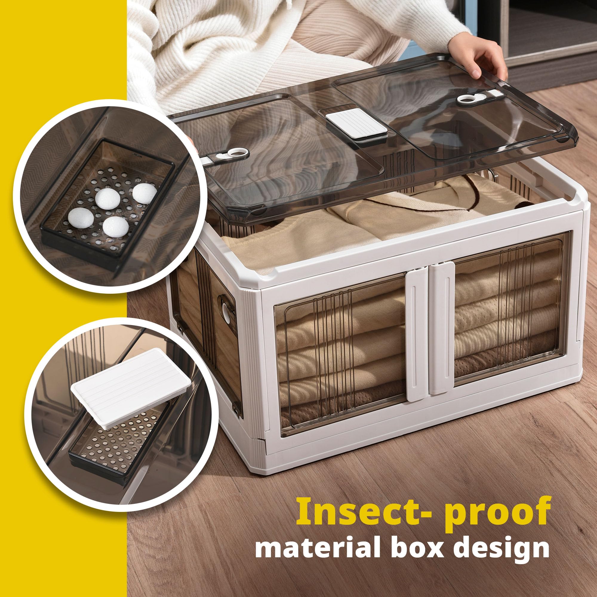SET of 3 Large Stackable Folding Storage Bins -14.5Gal-58QT Each. Collapsible Polypropylene Bins with Wheels & 5 Doors. Very Easy to Assembly. Perfect for Bed&Bathroom & Closet Organizer