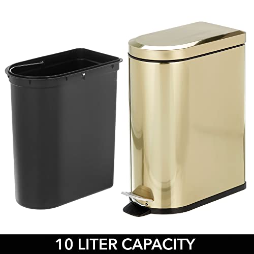 mDesign Small 2.6 Gallon Stainless Steel Metal Step Trash Can Garbage Bin for Bathroom, Bedroom, Home Office - D-Shape Trashcan with Foot Pedal/Lid, Removable Liner Bucket with Handles, Soft Brass