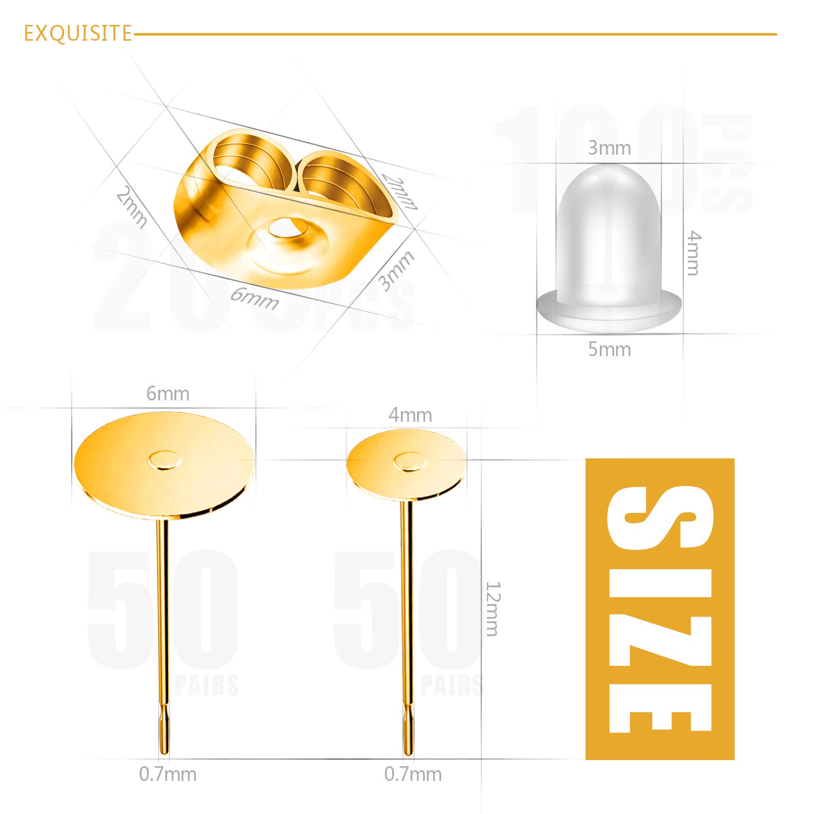 Gold Earring Posts and Backs, 500Pcs Hypoallergenic Earring Studs for Jewelry Making with Butterfly Earring Backs and Rubber Bullet Earring Backs (4mm, 6mm)