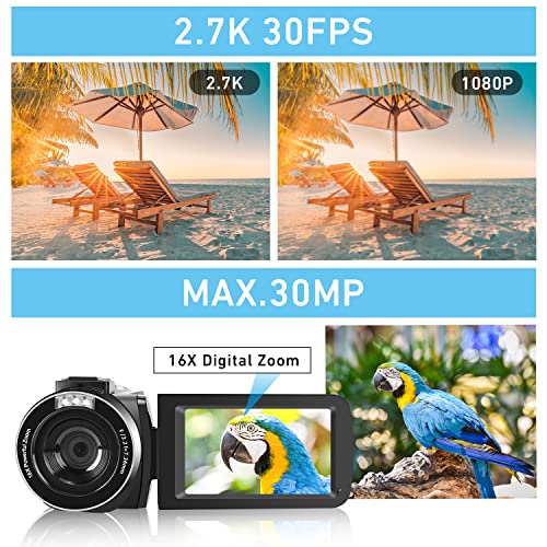 ZOLAMENTE Video Camera, Camcorder 2.7K 30FPS, 16x Digital Zoom YouTube Camera, Infrared IR Night Vision Camcorder Camera, 3.0" 270° Rotating Screen LED Vlogging Camera