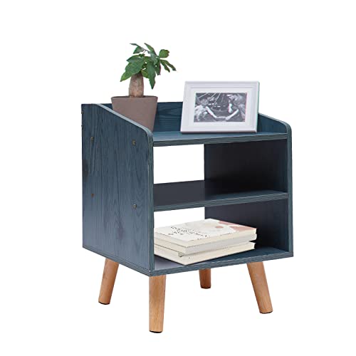 Small Bedroom Nightstand/Minimalist End Table/Side Table/Little Table - with 2 Open Storage Cabinets/Solid Wood Legs,Modern Bedside Night Stand for Bedroom, Living Room(Blue )- Easy Assembly