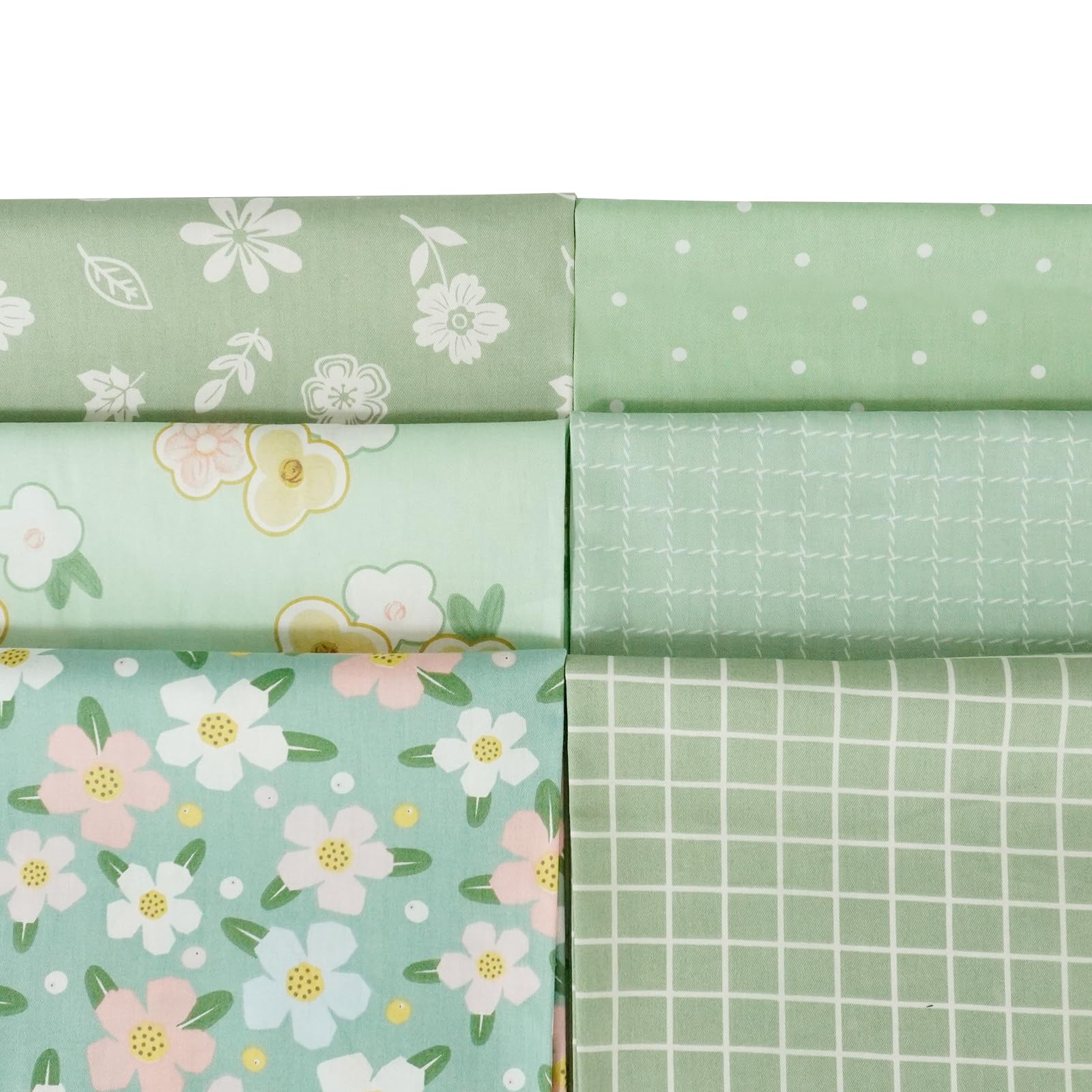 Qililandiy 6pcs Green Fat Quarter Flower Fabric Bundles Quilting Cotton Craft Fabric Pre-Cut Squares Sheets for Patchwork Sewing Quilting and Crafting