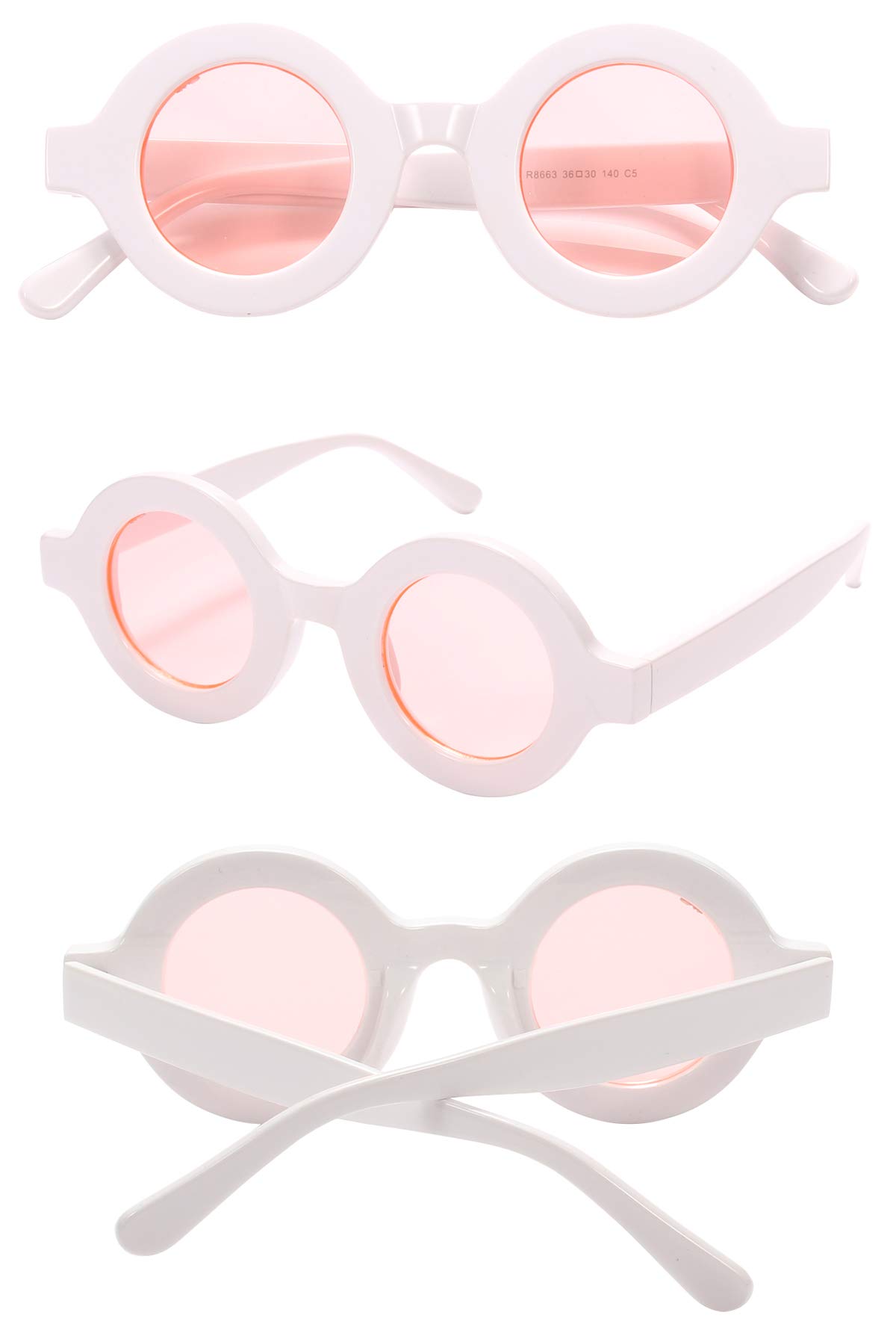 Fuaisi Retro Fashion Oversized Thick Bold Frame Round Sunglasses Anti-UV Outdoor Colorful Glasses (White Frame/Pink Lens)