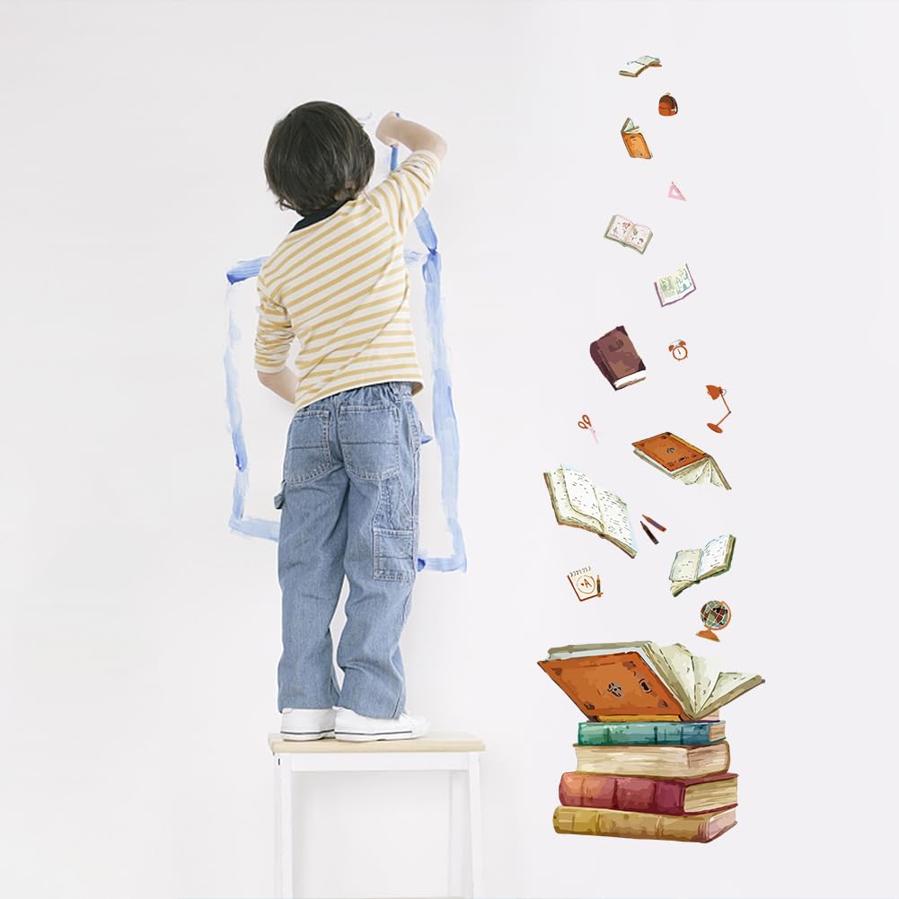 SUPERDANT Magic Book Wall Decals Wall Stickers with Flying Book School Bag Scissors for Bedroom Wall Mural Ruler Globe Wall Decor for Reading Room Classroom Birthday Gift