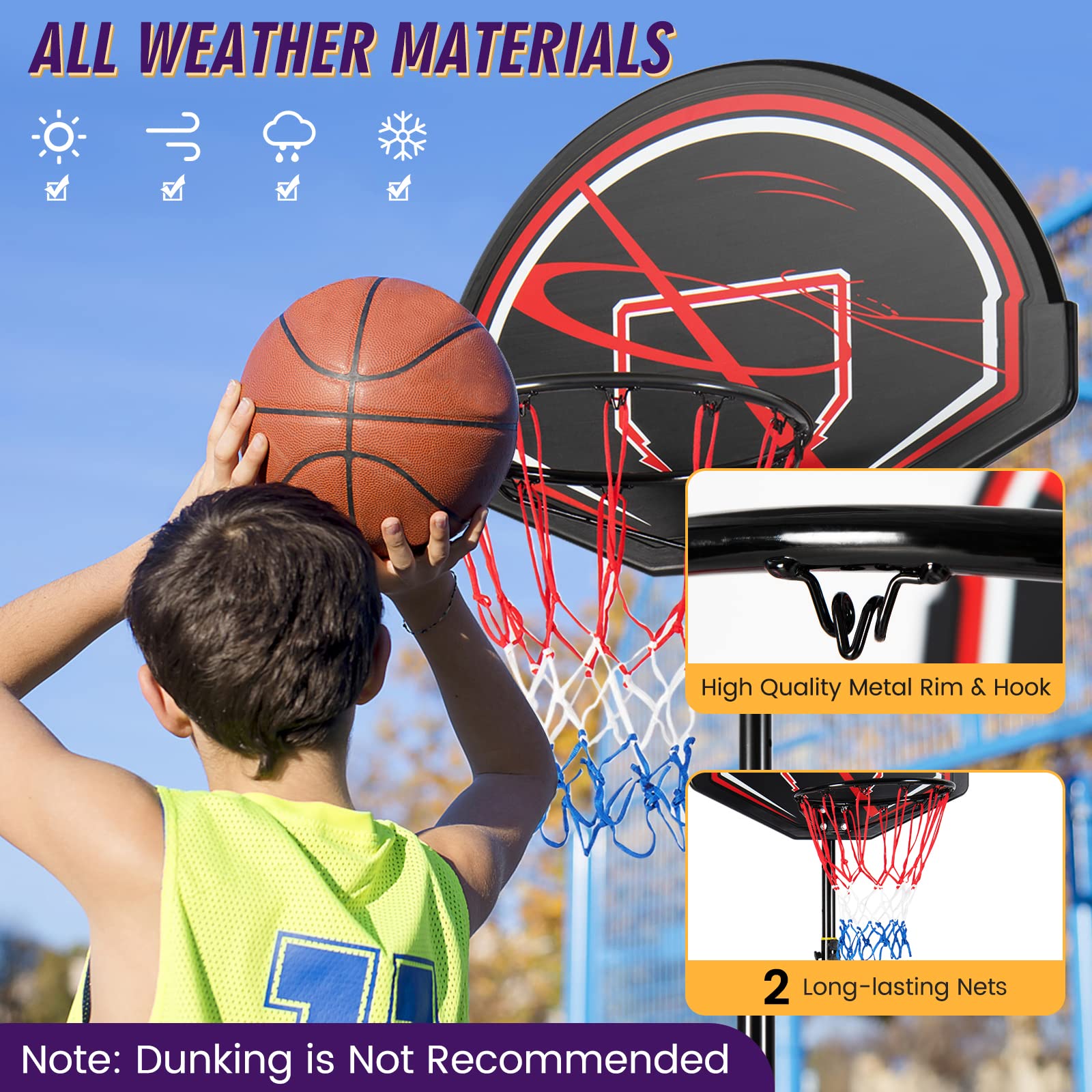 Goplus Portable Basketball Hoop Outdoor, 6.9-8.9 FT Height Adjustable Basketball Goal with 32ββ Shatterproof Backboard, Fillable Base, 2 Nets, 2 Wheels, Indoor Basketball Stand for Kids Youth Adults