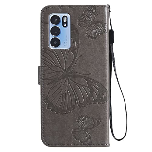 SATURCASE Case for Oppo Reno 6 Pro 5G, Butterfly Embossing PU Leather Flip Magnet Wallet Stand Card Slots Hand Strap Protective Cover for Oppo Reno 6 Pro 5G (Gray)