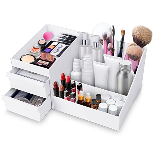 Peachic White Makeup Organizer With Drawers β Countertop Organizer for Cosmetics β Vanity Storage for Skincare, Lashes, Brushes, Nail Polish, Lotions, Lipstick, Makeup