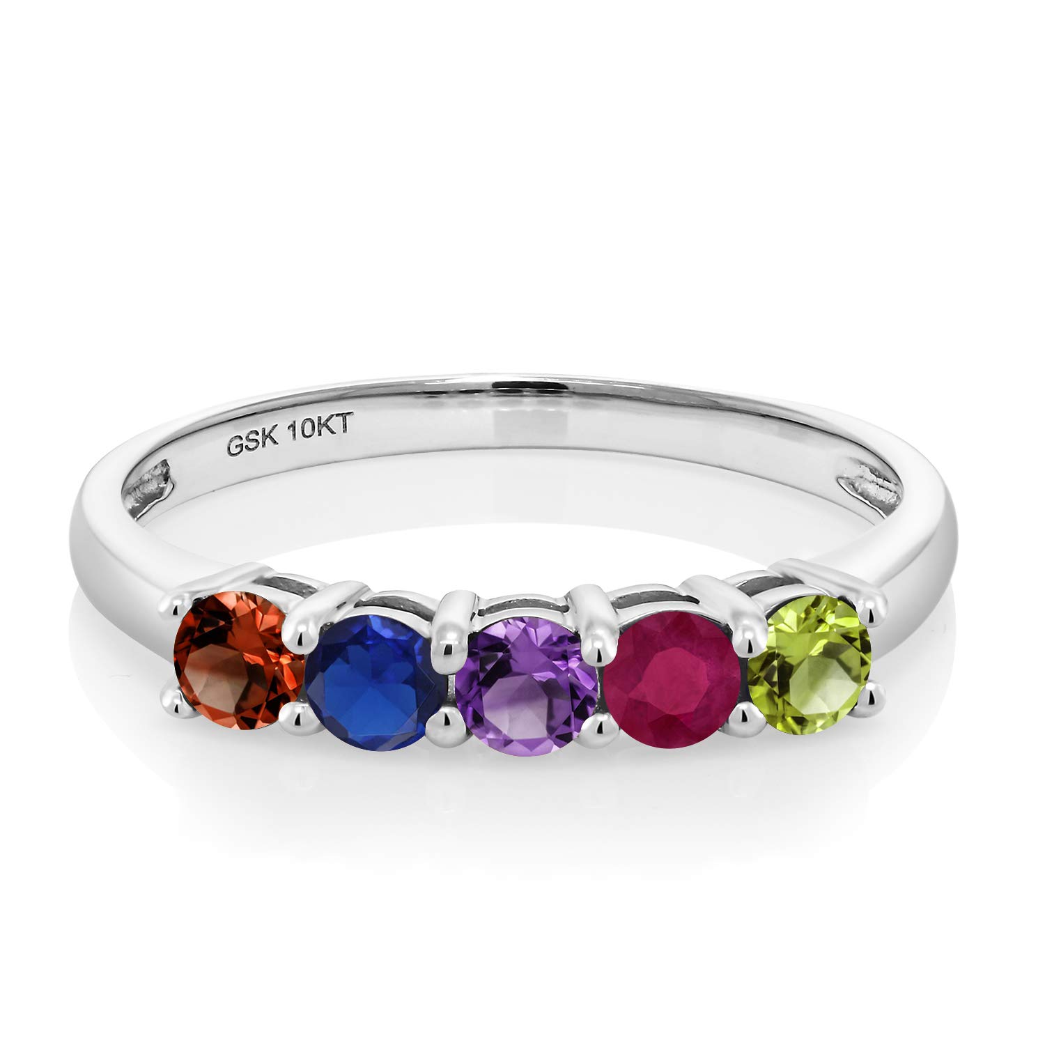Gem Stone King 10K White Gold Promise Customized and Personalized 5 Gemstone Birthstone For Her Anniversary Band Engagement Flower Blossom Ring For Women (Size 7)