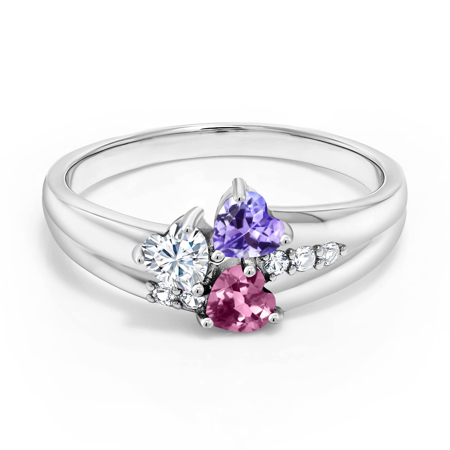 Gem Stone King 925 Sterling Silver Customized and Personalized 3 Heart Shape Gemstone Birthstone Forever United For Her Engagement Promise Ring For Women (Size 8)