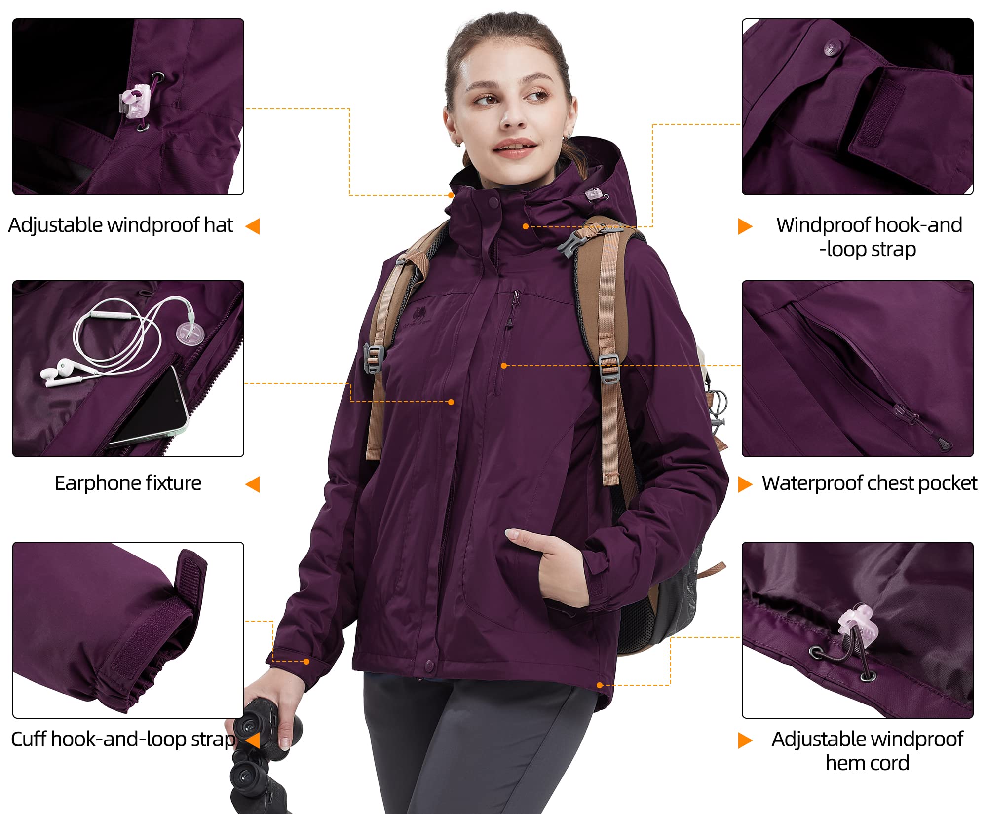 GOLDEN CAMEL Women's Ski Jacket 3 in 1 Waterproof Windproof Winter Jacket with Full zip Lined Fleece Jacket Hooded Raincoat Snowboard Mountain Snow Coat, Dark Purple, L
