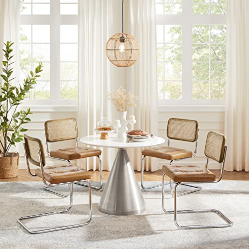 Zouron Mid-Century Modern Dining Chairs, Leather Accent Kitchen Chairs with Rattan Back, Armless Upholstered Fabric Spone Chairs with Chrome Metal Legs, Set of 2, Yellwo Brown