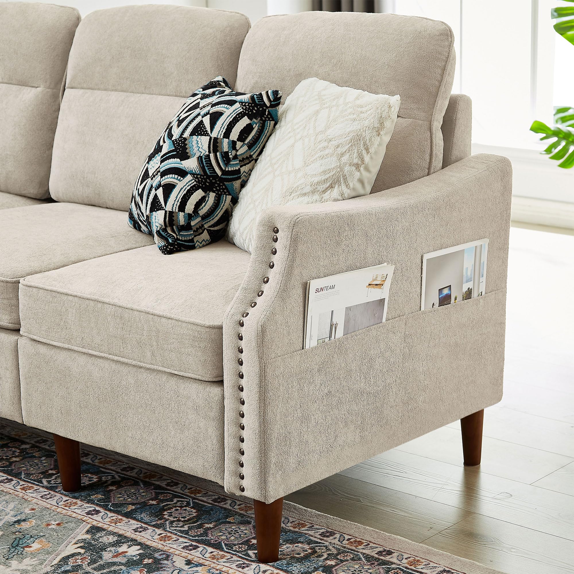 Soscana Convertible Sectional Sofa, Modern Microfiber L-Shaped Couch with Ottoman and Storage Pocket, 3 Seat Couches Sofa for Living Room, Apartment and Small Space