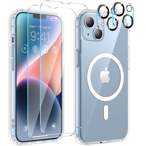 VEGO [5 in 1 Magnetic Case for iPhone 14 Plus 5G 6.7 Inch 2022, [2 Pack Tempered Glass Screen Protector +2 Pack Camera Lens Protector] Yellowing Resistance Slim Clear Case for iPhone 14 Plus
