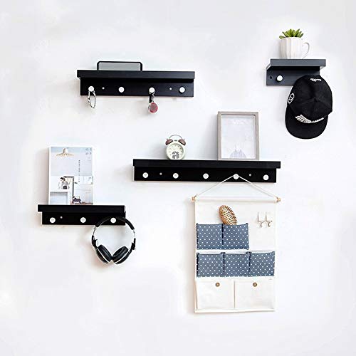 PIBM Stylish Simplicity Shelf Wall Mounted Floating Rack Shelves Solid Wood Storage Hooks Living Room 3 Colors,4 Sizes Avaliable, Black , 35.5X8X12cm