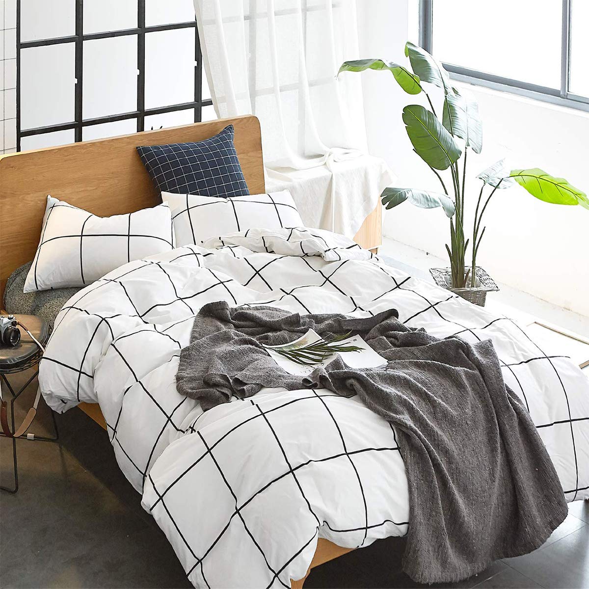 Wellboo White Plaid Duvet Cover Set Queen Size Black and White Grid Bedding Cover Cotton Modern Large Plaid Checkered Quilt Covers Soft Durable Buffalo Plaid Geometric Duvet Covers Breathable 3 Pieces
