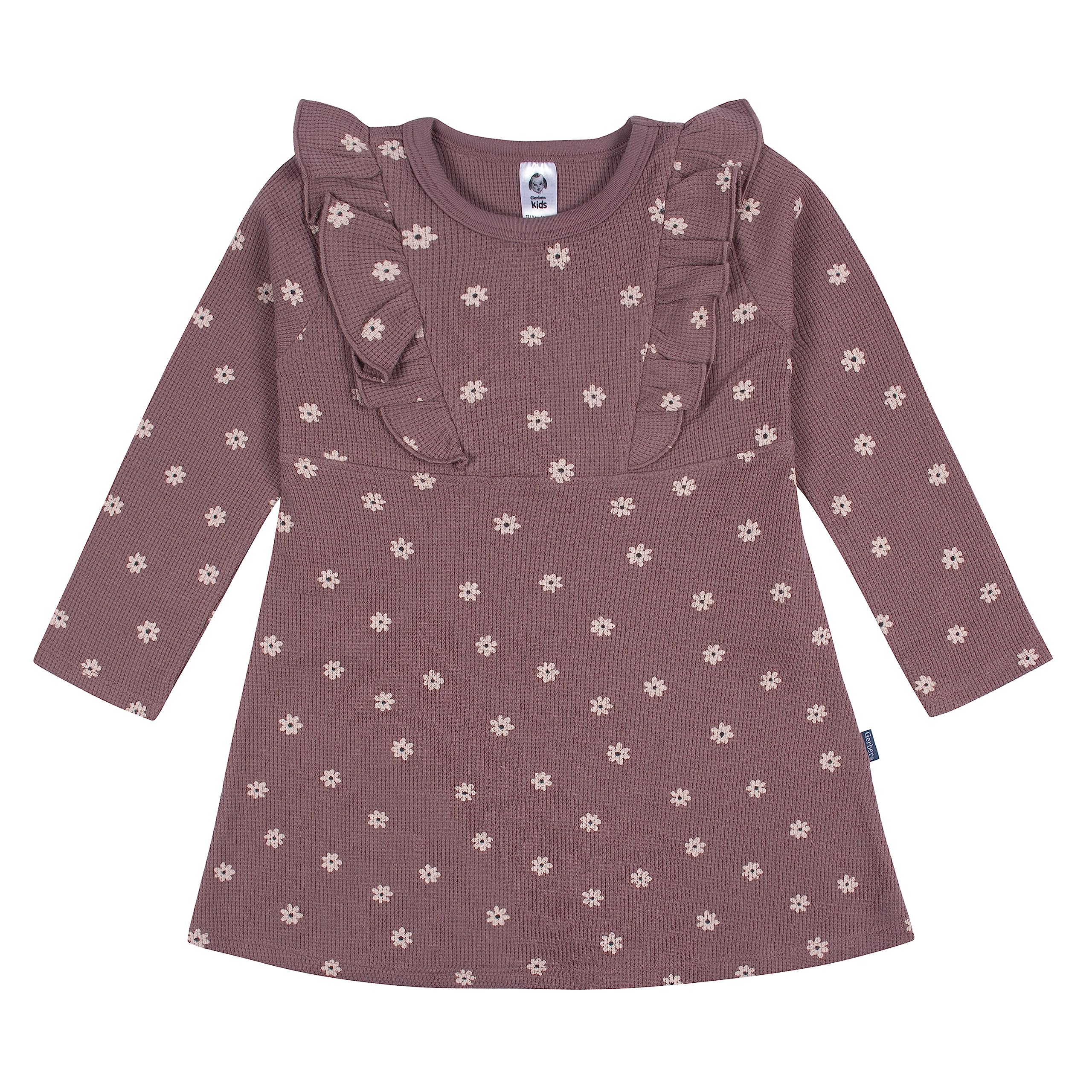 Gerber Baby Girls' Toddler Long Sleeve Dress with Ruffle Detail, Pink Daisies, 12 Months
