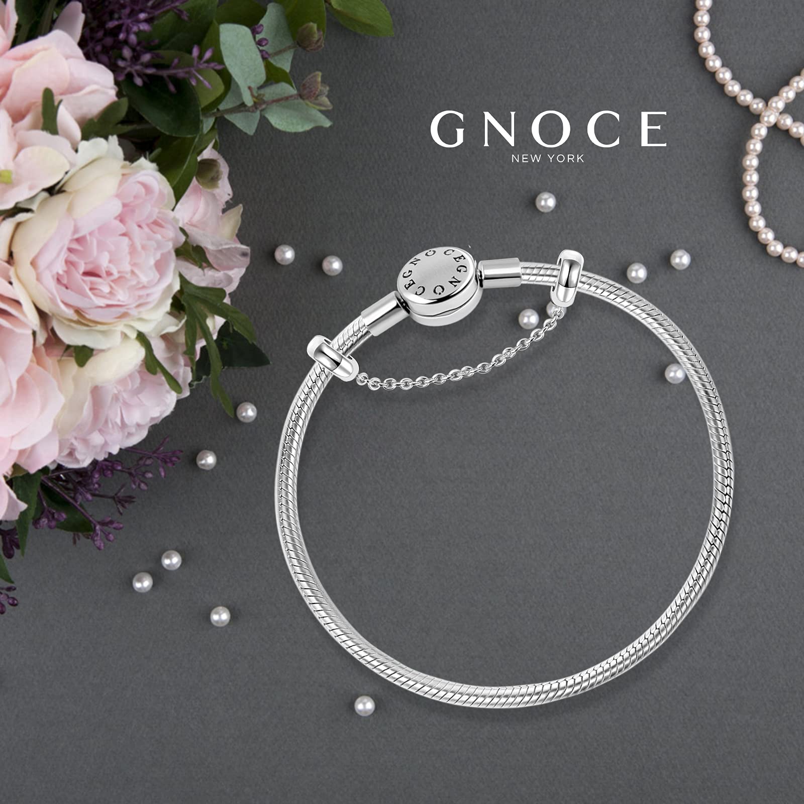 GNOCE Charm Bracelet Stainless Steel Snake Chain Metal Basic Charm Bracelet DIY Bangle with Round shaped Clasp (Stainless Steel, 8.3)