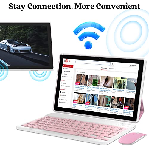 Tablet 10 Inch Android Tablets, 2 in 1 Tablet With Keyboard 64GB+4GB RAM 10.1" Tablets, 8MP Camera 6000mAh Battery, Include Keyboard/Mouse/ Case/ Stylus Pen/Tempered Film Wifi Tab Pink/Girl Tablet PC