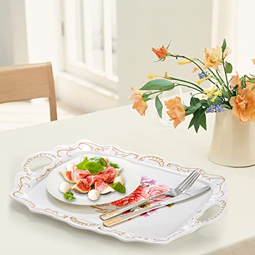 Nicunom 3 Pack Serving Trays with Handles, Melamine Stackable Serving Platter BPA-Free Rectangle Food Tray Set with Flower Pattern for Home, Parties and Restaurants, Safe for Dishwashe