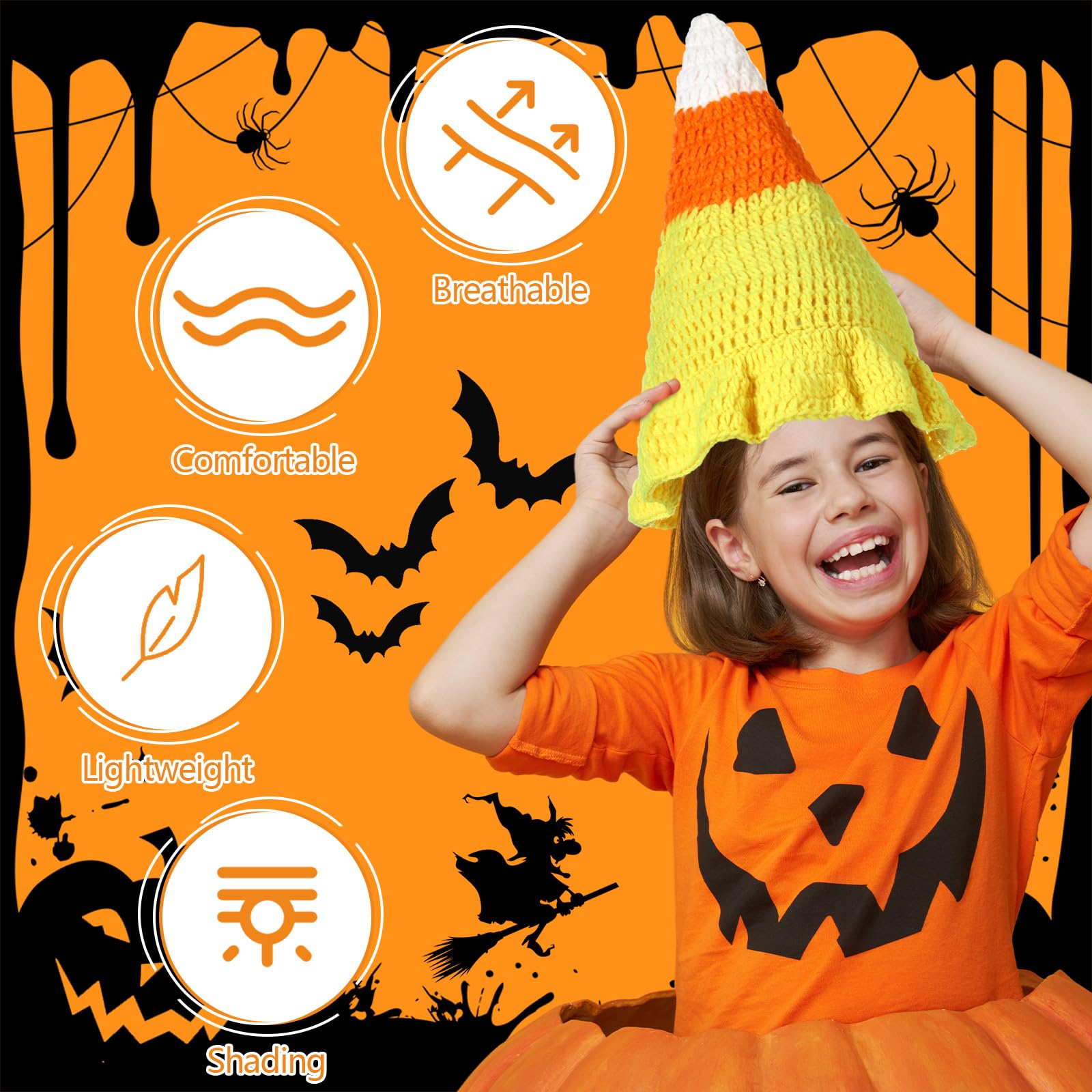 Panitay 10.63 x 12.99 Inch Candy Corn Witch Hat Crochet Pattern for Women Adult Knitted Crochet Wizard Hat for Autumn Halloween Cosplay Party Decorations, Orange, White and Yellow