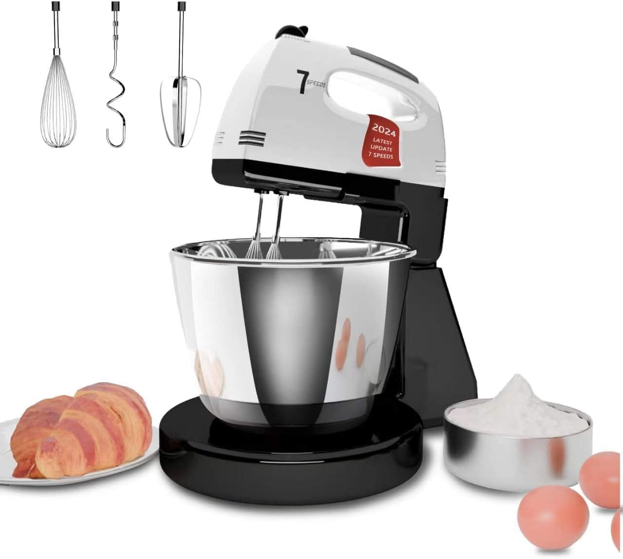 Stand Mixers, 7 Speeds With 3QT Stainless Steel Bowl, Stand and Hand Mixer with Dough Hook, Whisk, Mixing Beater for Baking, Cake, Cookie, Kneading (QD1)