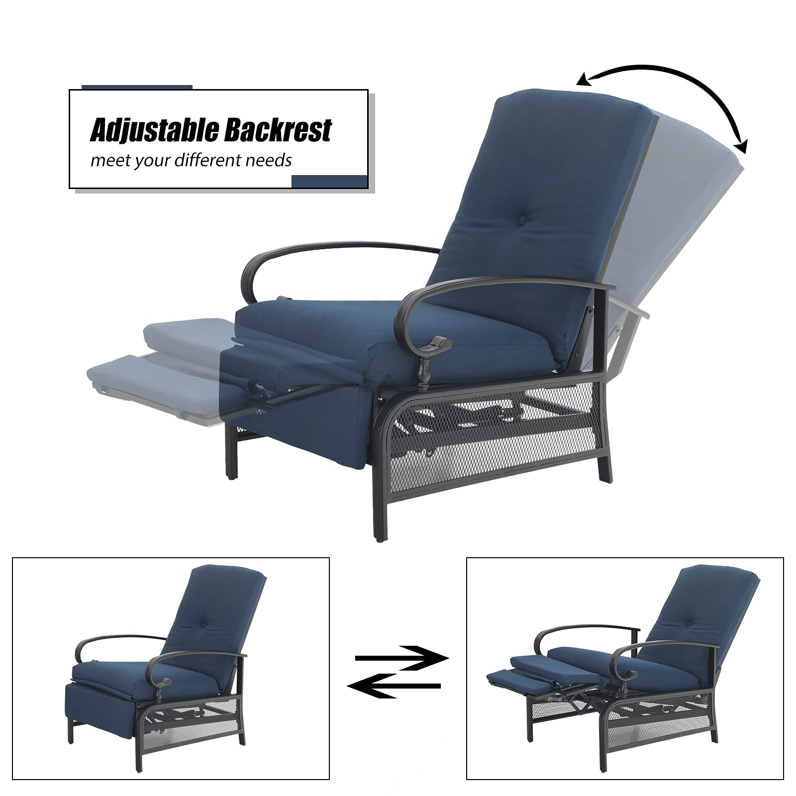 MFSTUDIO Patio Recliner Chair Metal Adjustable Back 2 Pieces Outdoor Lounge Chair with 100% Olefin Cushion (Navy Blue)