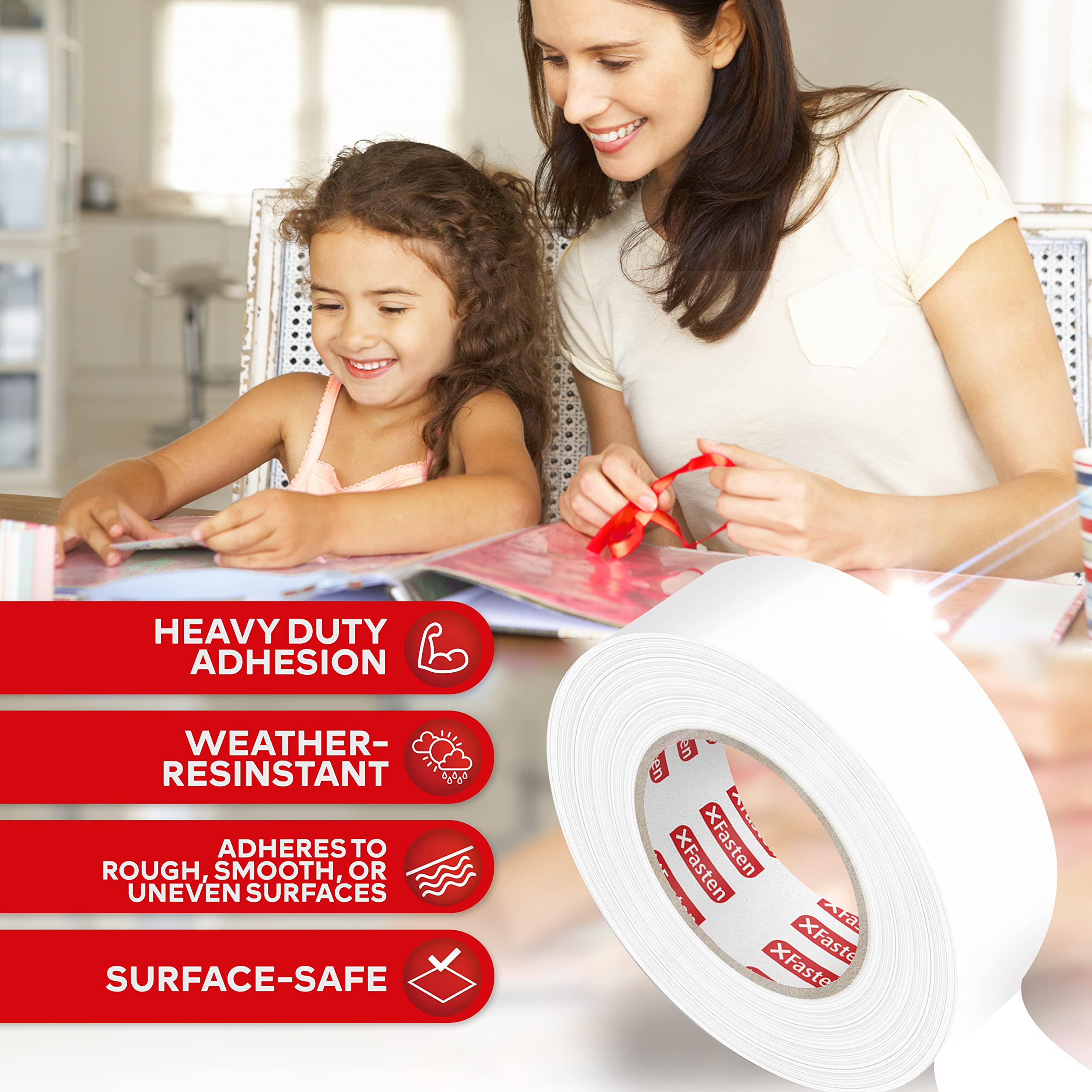 XFasten Double Sided Tape Clear, Removable, 2-Inch by 30-Yards, Ideal as a Gift Wrap Tape, Holding Carpets, and Woodworking