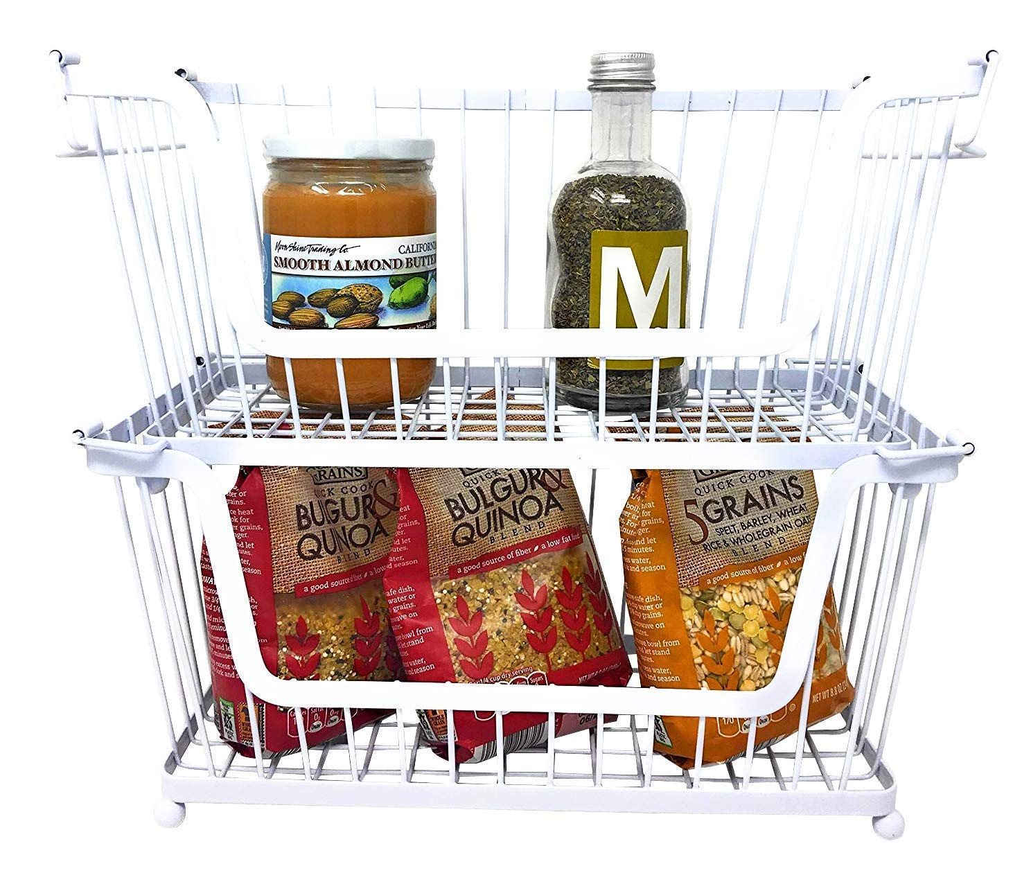 Stacking Metal Baskets, Set of 2, for Pantry, Closet, Shelf Organization, by HomeSimple (White)