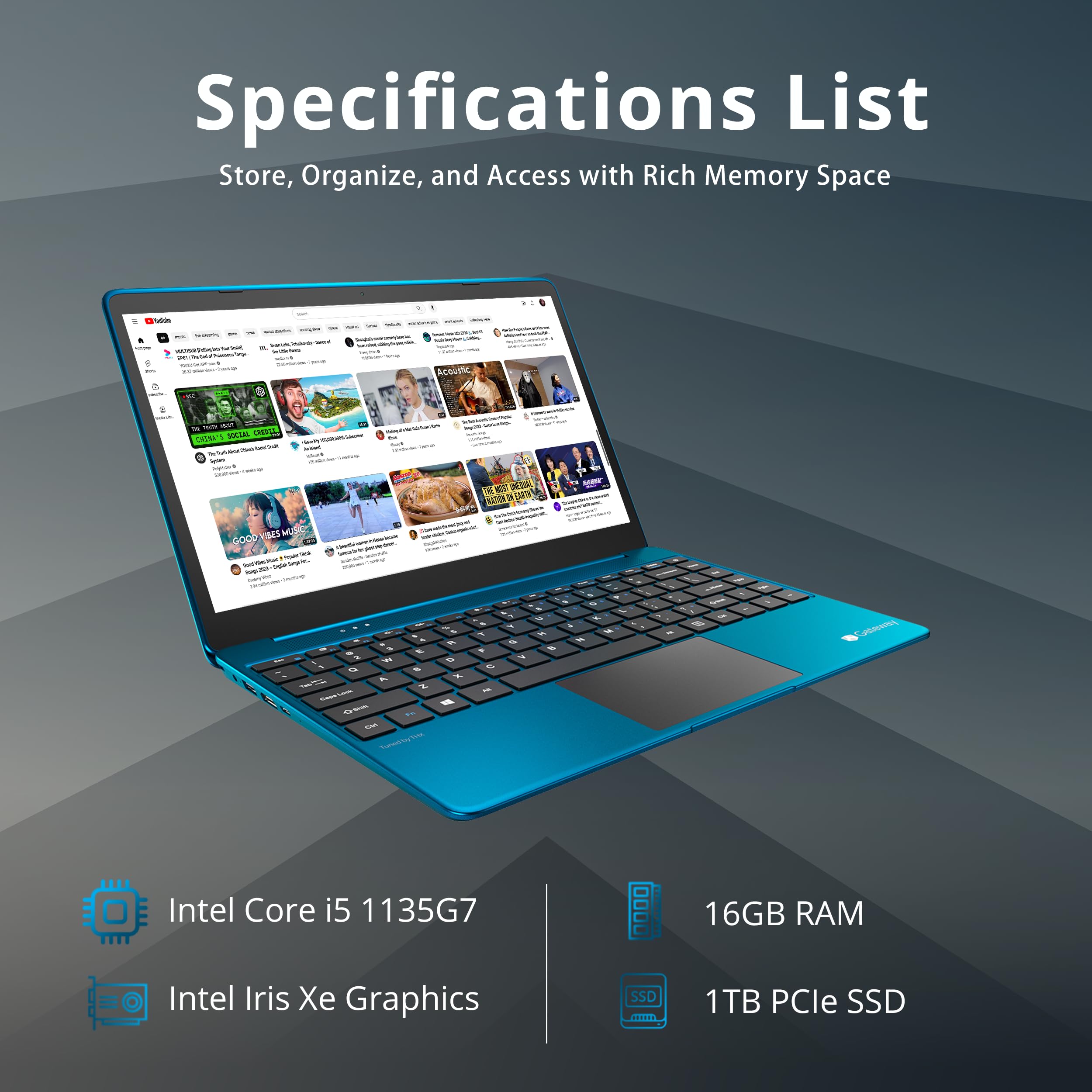 Gateway 14.1" Ultra Slim Laptop, IPS FHD Display, Intel i5-1135G7 Processor, 16GB RAM, 1TB PCIe SSD, Intel Iris Xe Graphics, Camera, Fingerprint Scanner, Bluetooth, Blue, Win 10, 32GB USB Card