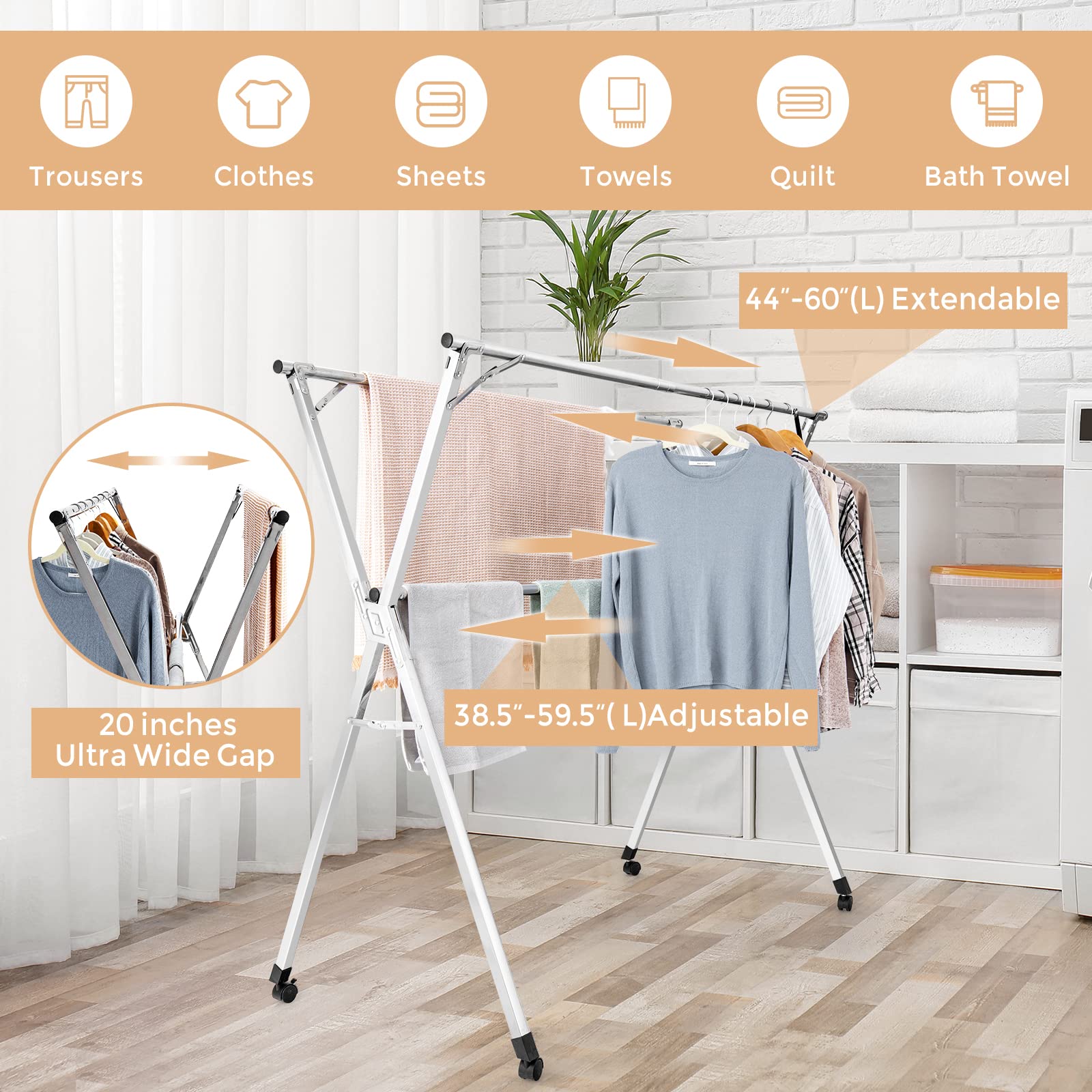 Nightcore Clothes Drying Rack, Stainless Steel Garment Rack with 4 Universal Wheels, Free of Installation, Foldable & Length Adjustable Hanger Rack for Indoor Outdoor