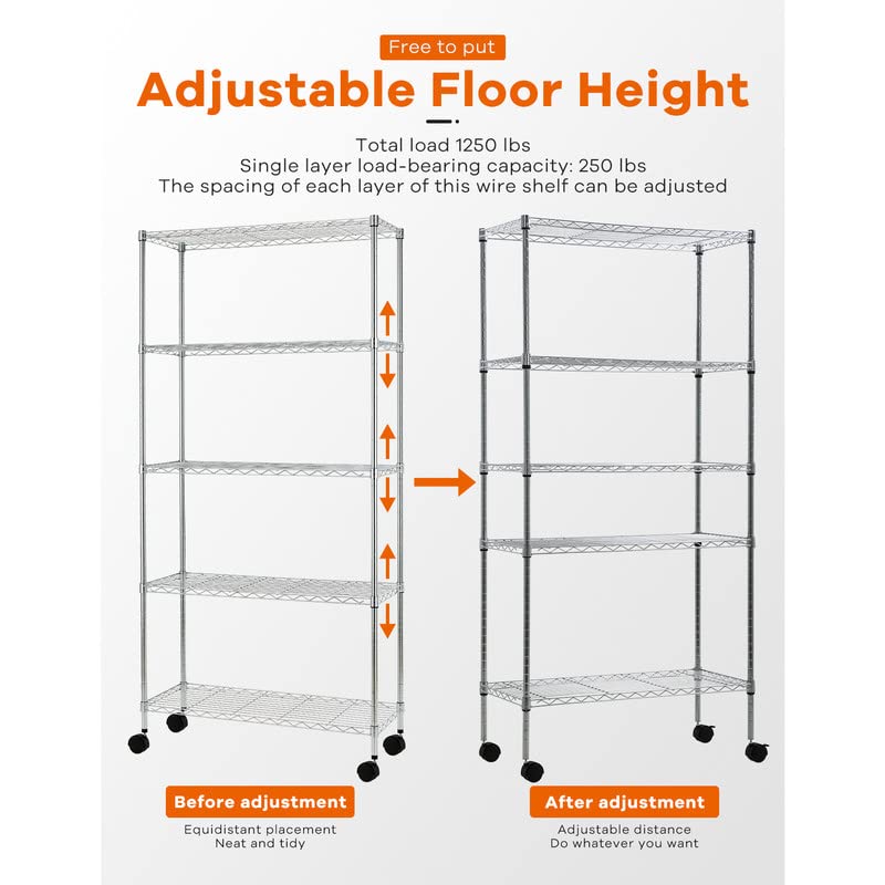 MGHH Garage Shelving, Metal Shelves 5 Tier Wire Shelving Unit Adjustable Heavy Duty Sturdy Steel Shelving Rolling Cart with Casters for Pantry Garage Kitchen (Chrome, 14" D x 30" W x 60" H)