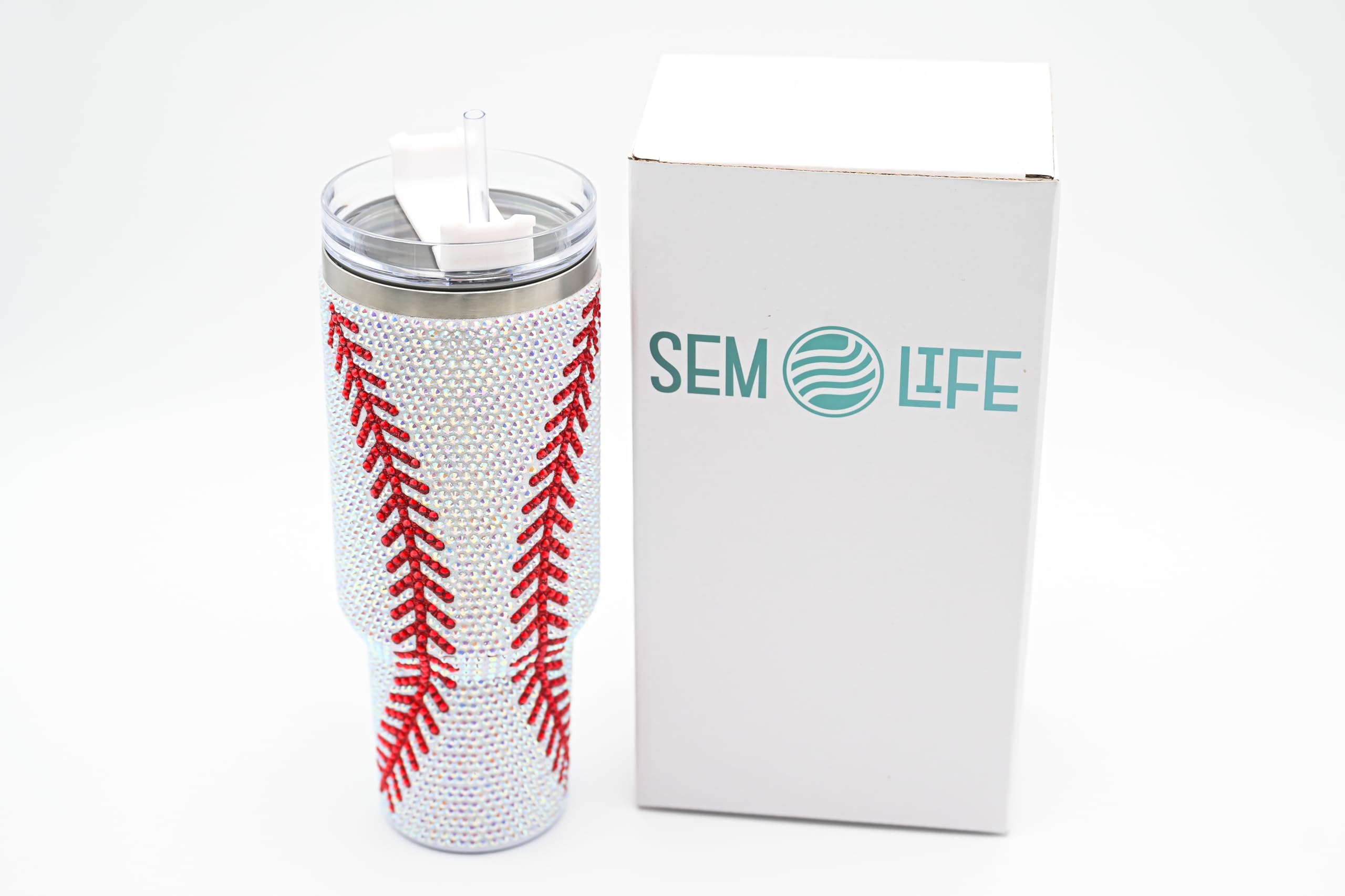 SEM LIFE 40 Oz Rhinestone Bling Tumbler Cup with Handle and Straw (BASEBALL), Stainless Steel and Double Wall Insulated