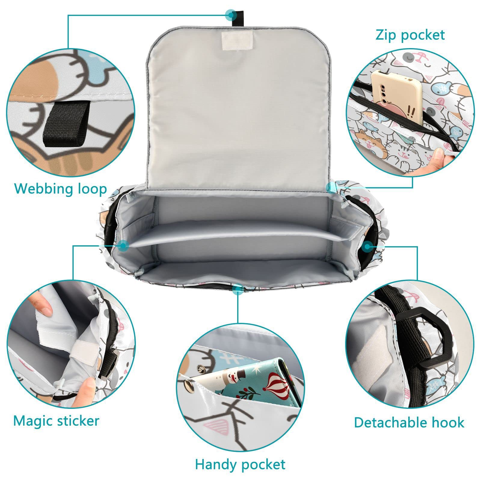 Kigai Cute Cartoon Cat Pattern Baby Stroller Organizer with Cup Holders, Secure Hooks Accessories Adjustable Strap Stroller Bag for Bottle, Diaper, Phone, Toys, Baby Items