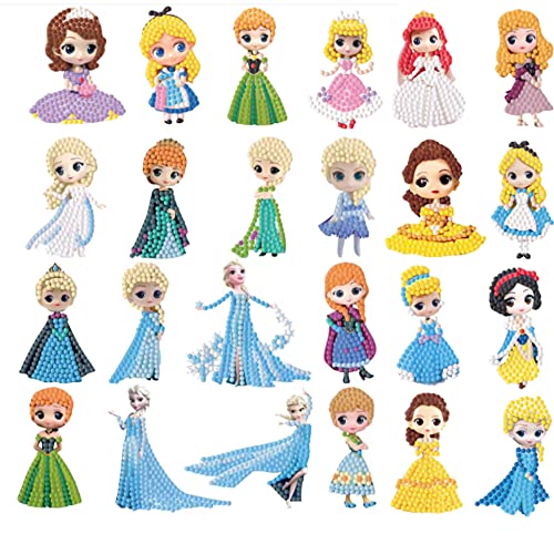 PICNICFUN Diamond Painting Stickers for Kids,24 PCS 5D DIY Cartoon Princess Diamond Painting Kits Handmade Digital Paint Rhinestone Mosaic Sticker Making for Kids Gift,Children Art Craft for Kids