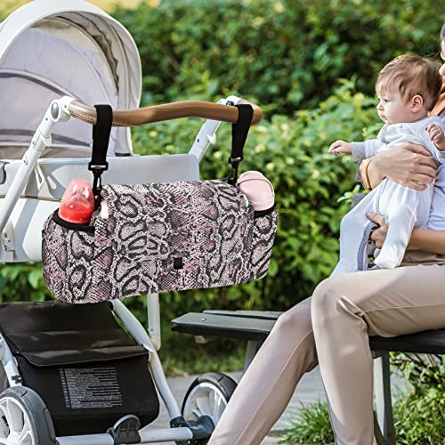 Kigai Pink Snake Print Baby Stroller Organizer with Cup Holders, Secure Hooks Accessories Adjustable Strap Stroller Bag for Bottle, Diaper, Phone, Toys, Baby Items