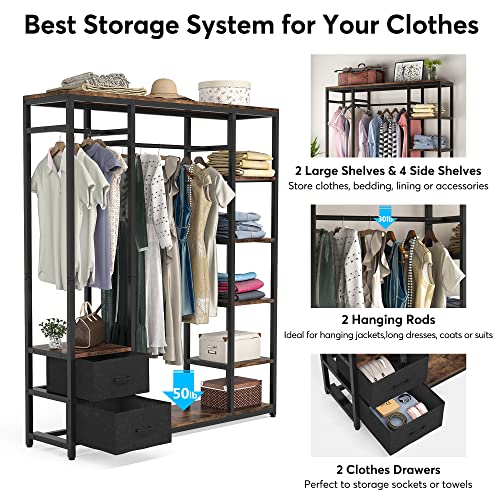 Tribesigns Freestanding Closet Organizer with 2 Drawers, 59 inch Heavy Duty Clothes Garment Rack with Shelves and Double Hanging Rod, Metal Clothing Rack Wardrobe for Bedroom, Rustic Brown