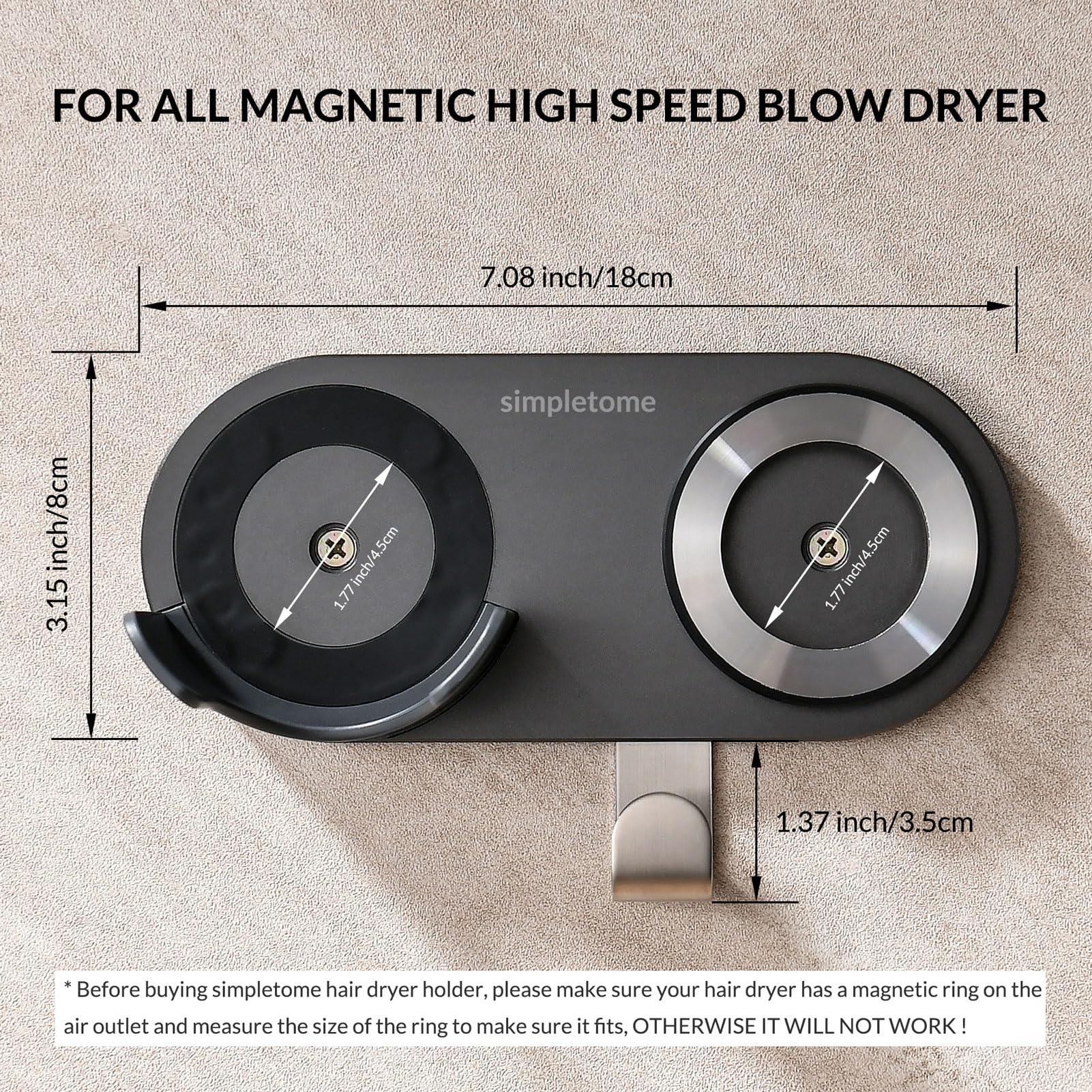 simpletome Hair Dryer Holder Wall Mount for All Magnetic High Speed Blow Dryer with Plug Cord Organizer Hook (Aluminum Alloy, Grey)