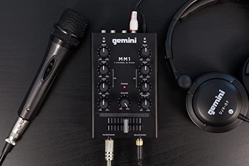 Gemini Sound MM1 Professional Audio 2-Channel Dual Mic Input Stereo 2-Band Rotary Compact DJ Podcast Mixer with Cross-Fader and Individual Gain Control