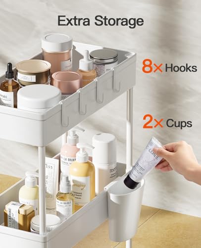 Pipishell Bathroom Cart, 2 Pack Slim Storage Cart Organizer with Hanging Cups & Hooks, Rolling for Bathroom, Laundry Room, Kitchen, Set of 2, PIUC07WK2