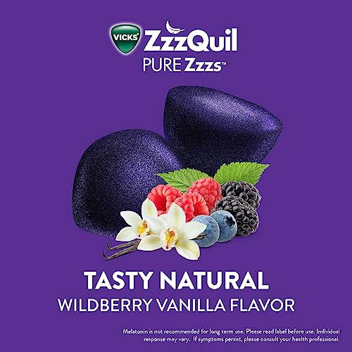 ZzzQuil PURE Zzzs, Melatonin Sleep Aid Gummies with Lavender, Valerian Root and Chamomile, Natural Wildberry Vanilla Flavor, Non-Habit Forming, Drug-Free, 48 Count