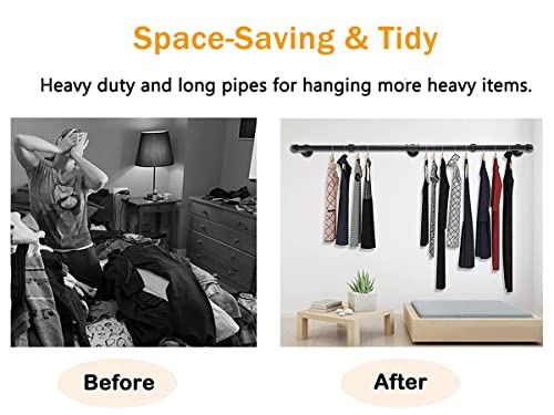 roundki Clothing Rack Wall Mounted, 70in Industrial Pipe Clothes Racks for Hanging Clothes, Heavy Duty Pipe Hanging Rod Garment Rack Bar for Closet Laundry, Max Load 145LbS Metal Black (2)