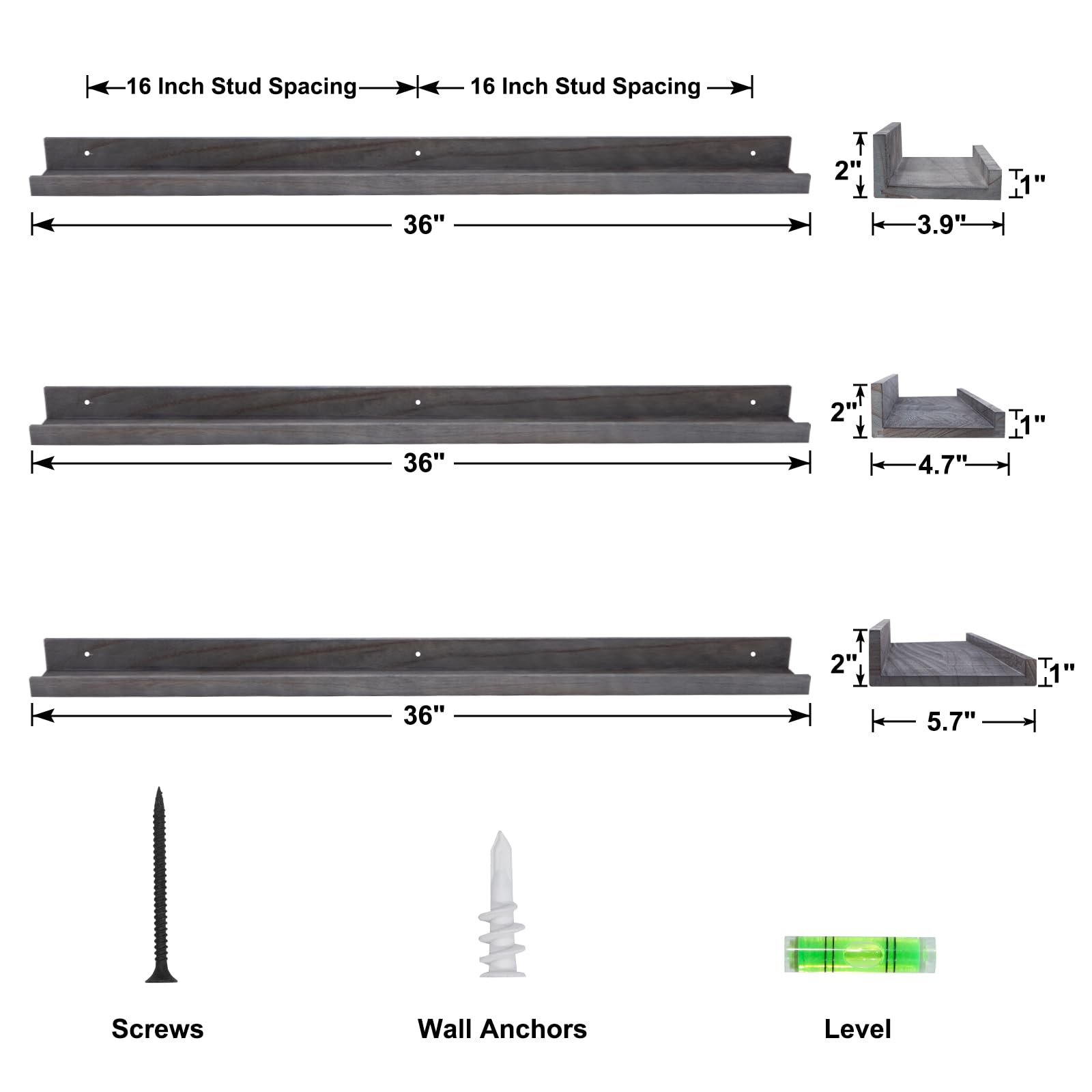 SAUMONIERES Picture Ledge Shelf Floating Book Shelves 36 Inch Set of 3 Wall Mounted Solid Wood for Bedroom Living Room Kitchen Rustic Grey