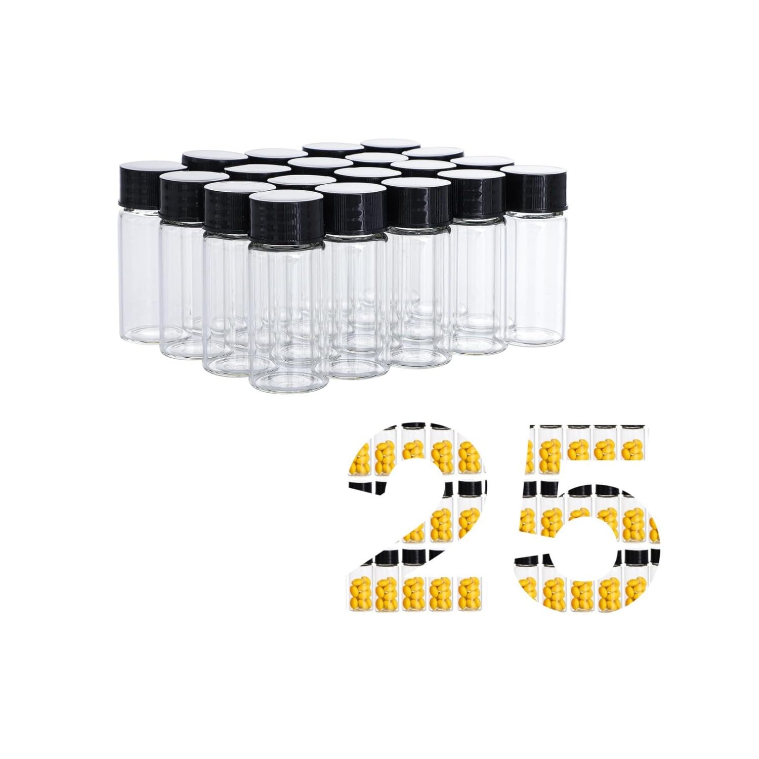 QOAEZK 25PCS 4ML(1 Dram) Clear Sample Vials, Small Liquid Glass Vial,Borosilicate Glass Empty Vials with Caps, 15 * 24mm,13-425 Black Screw Caps with PE Liners