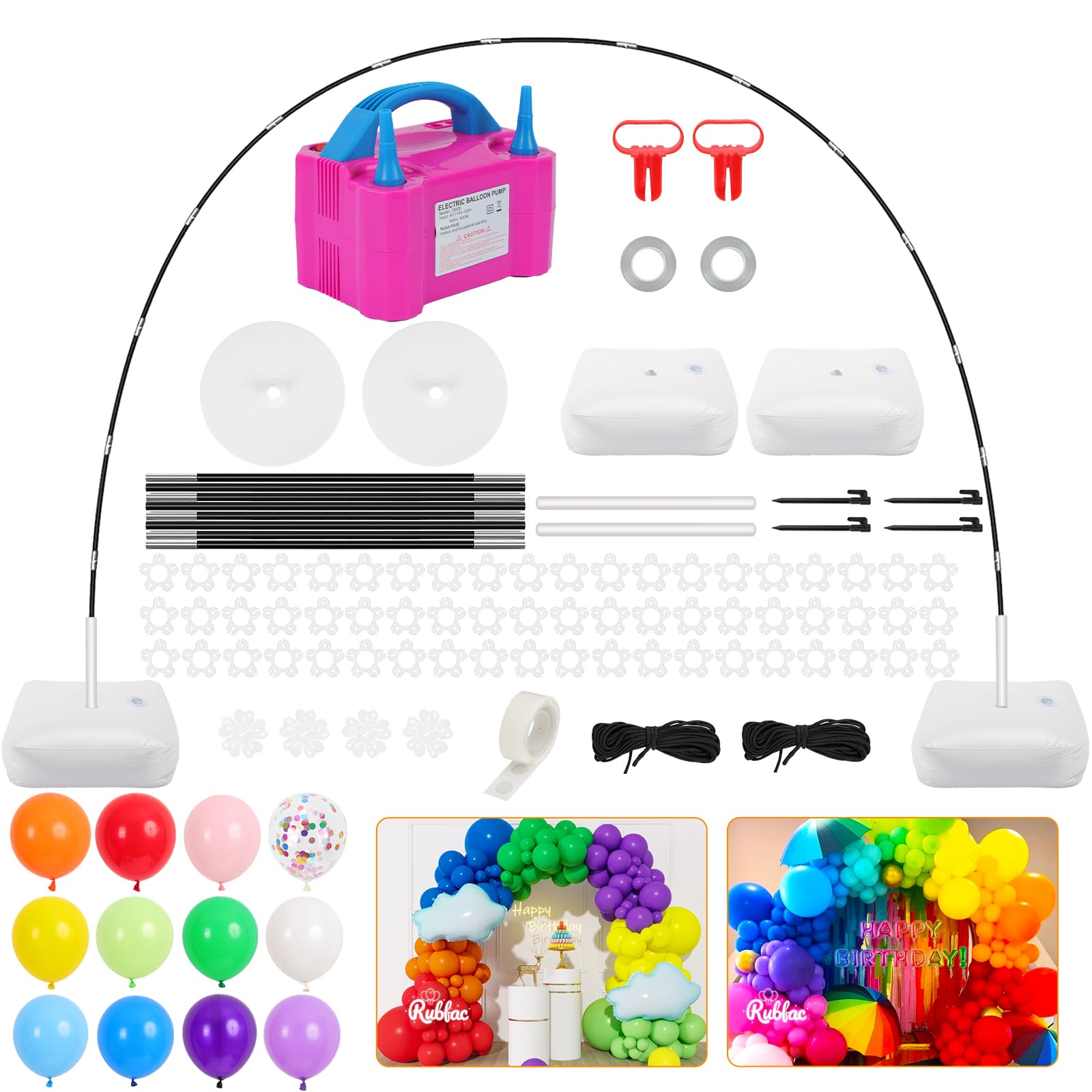 RUBFAC Balloon Arch Kit, 9ft Tall & 10ft Wide Adjustable Balloon Arch Stand with 2 PVC Bases,2 Water Fillable Bags, 60pcs Balloon Clips, 120pcs Rainbow Balloons, for Wedding Birthday Baby Shower