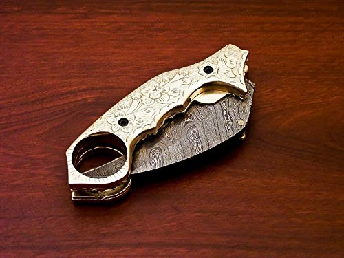 Handmade Damascus Folding Pocket Knife Karambit Knife Hunting Knife Handle Brass Steel Folding with Leather Sheath 1083