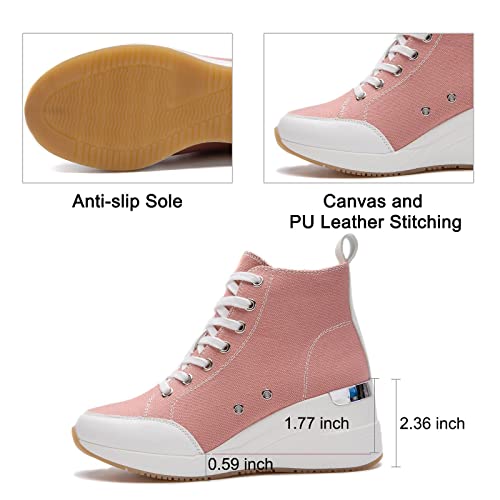 Pink High Top Canvas Wedge Sneakers for Women Canvas Shoes Non-Slip Lace Up Women Platform Sneakers