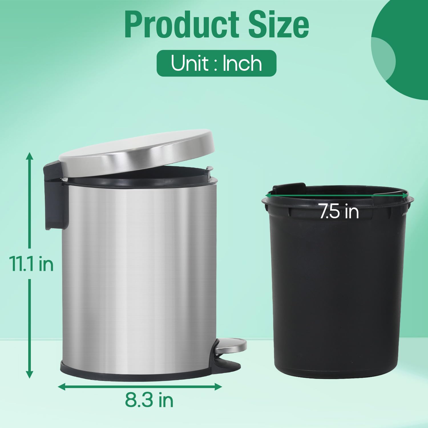 Stainless Steel Round Metal Step Garbage Bin Bathroom Trash Can 6 Liter/1.6 Gallon Small Garbage Can Trashcan with Lid Step Pedal, Removable Inner Bucket Wastebasket for Kitchen Office(2)