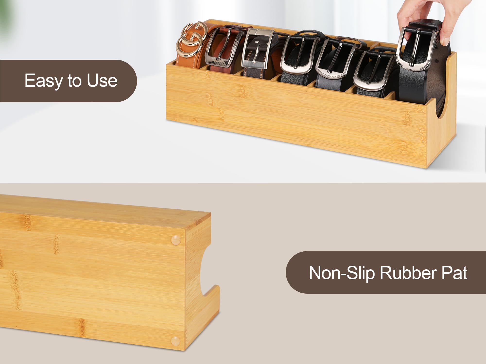 StorageWorks Bamboo Belt Organizer, Belt holder for Closet and Drawer, 7 Compartments Belt Case Storage Holder and Display for Accessories, Natural Bamboo