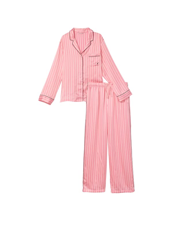 Victoria's Secret Silky Satin Two Piece Long Pajama Set, Satin Fabric, Unlined, Women's Pajamas, Pink (M)